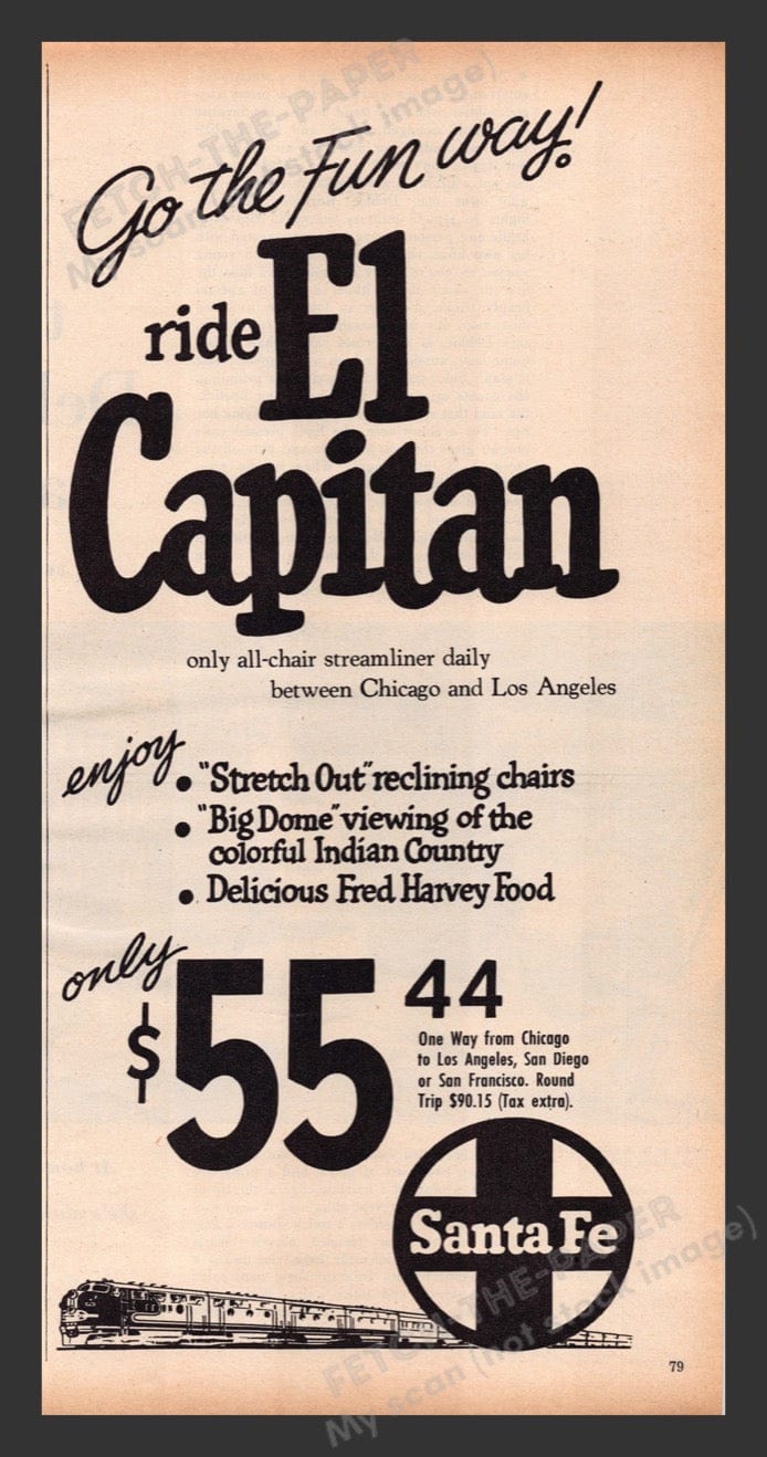 El Capitan Santa Fe Train 1956 Vintage Print Ad — Fetch-the-Paper