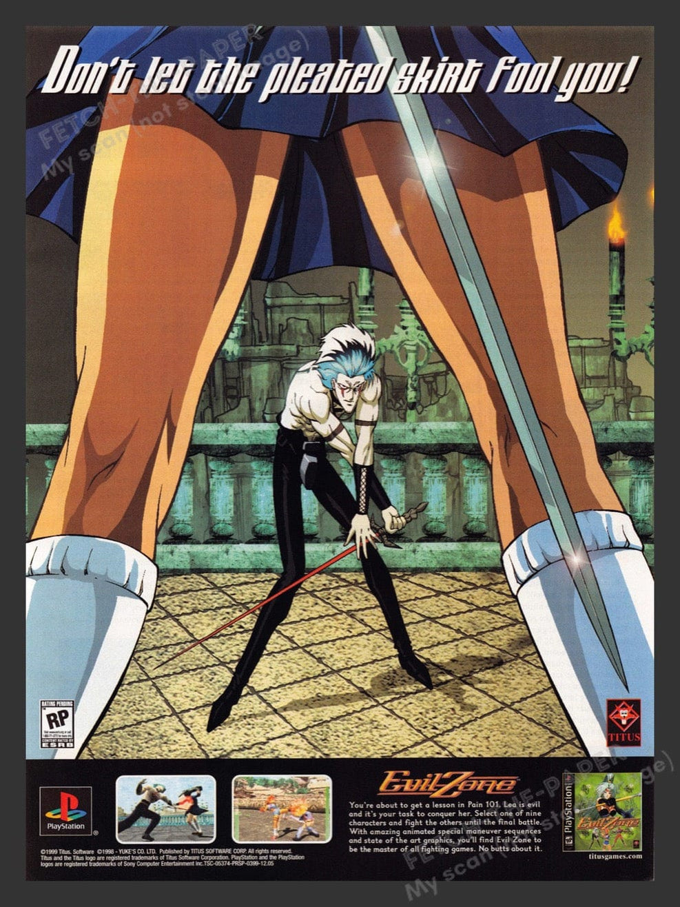 Evil Zone "Don't let pleated skirt fool you" 1990s Video Game Print Ad ...