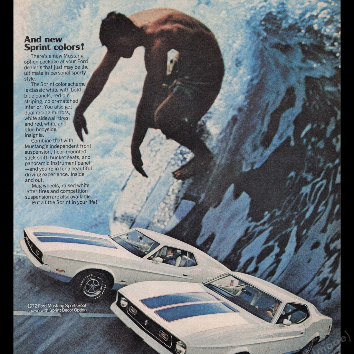 Vintage 1972 Ford Mustang Print Ad - Surfer Theme, Sprint Colors ...