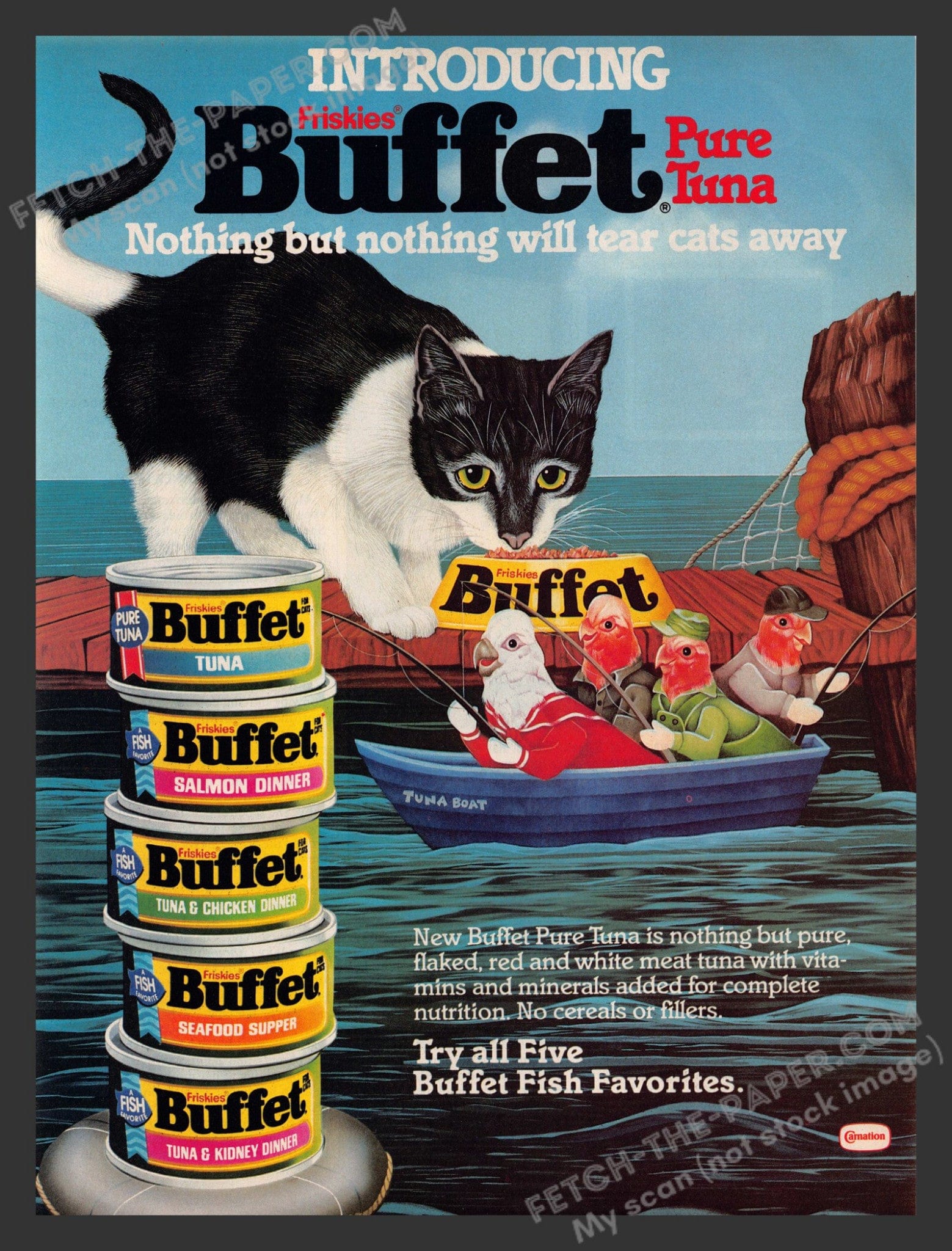 Friskies Buffet Cat Parakeet Fishing Boat 1980s Print Ad — Fetch-the-Paper