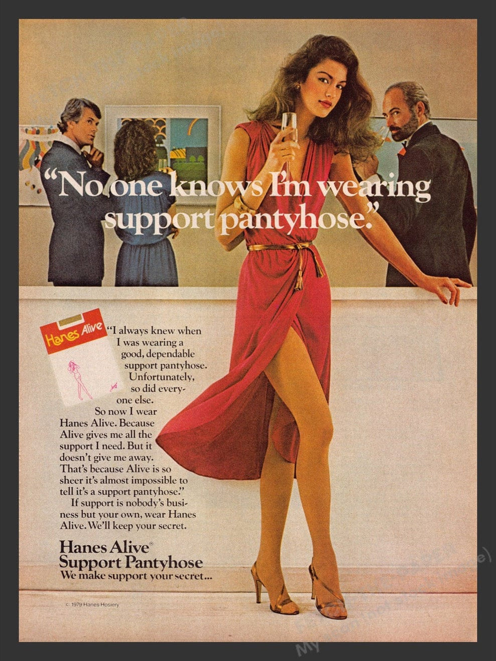 Vintage 1980 Hanes Alive Hosiery Print Ad - Red Dress Glamour — Fetch ...