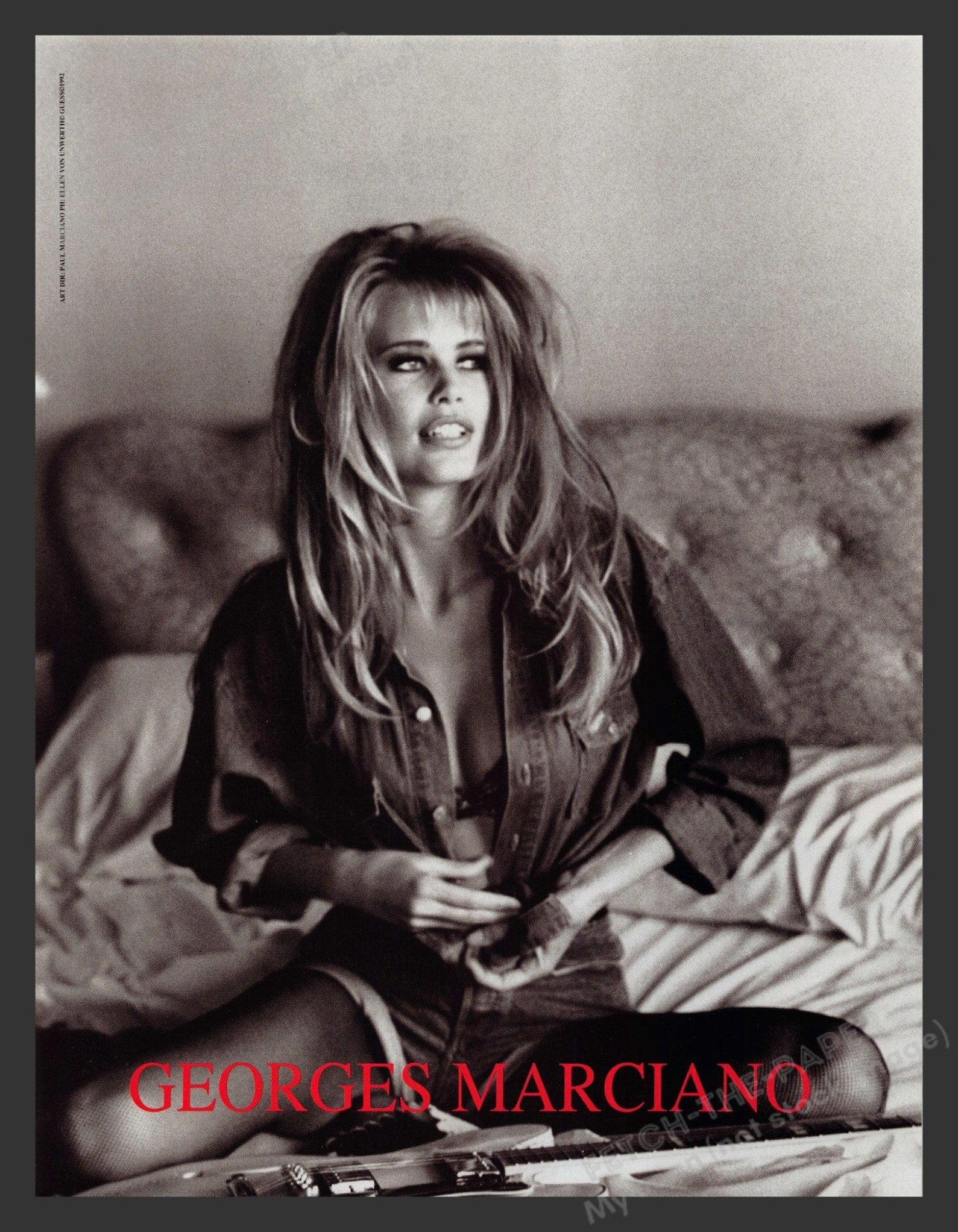 Guess Claudia Schiffer 1990s Print Advertisement 1992 Bed Tousled Hair — Fetch-the-Paper