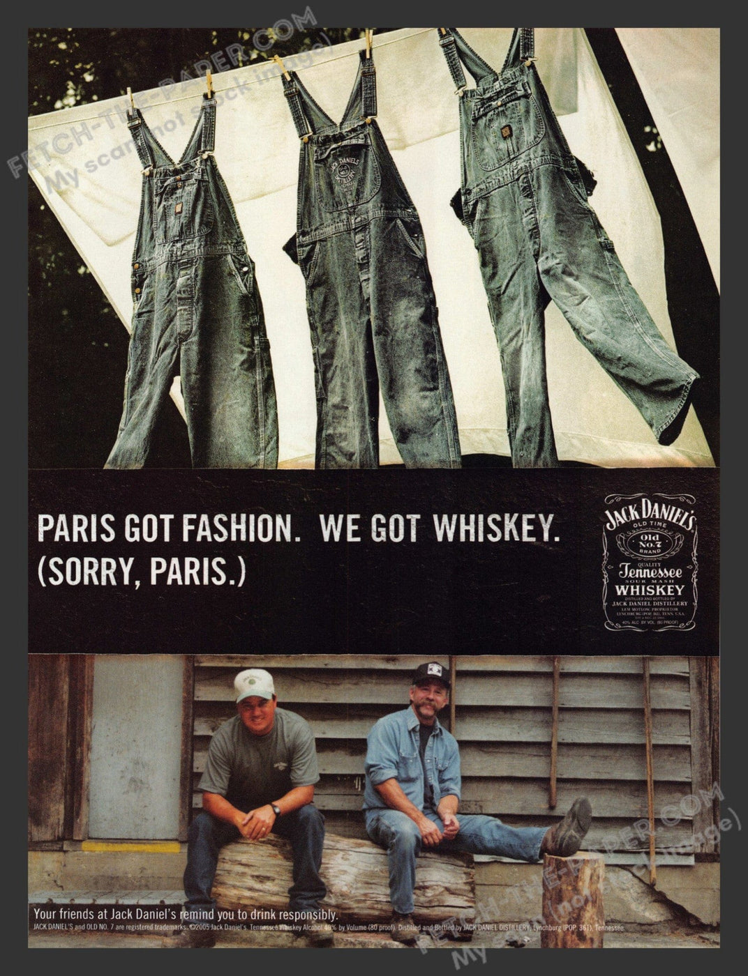 Jack Daniel's Whiskey Bib Overalls 2000s Print Ad — Fetch-the-Paper