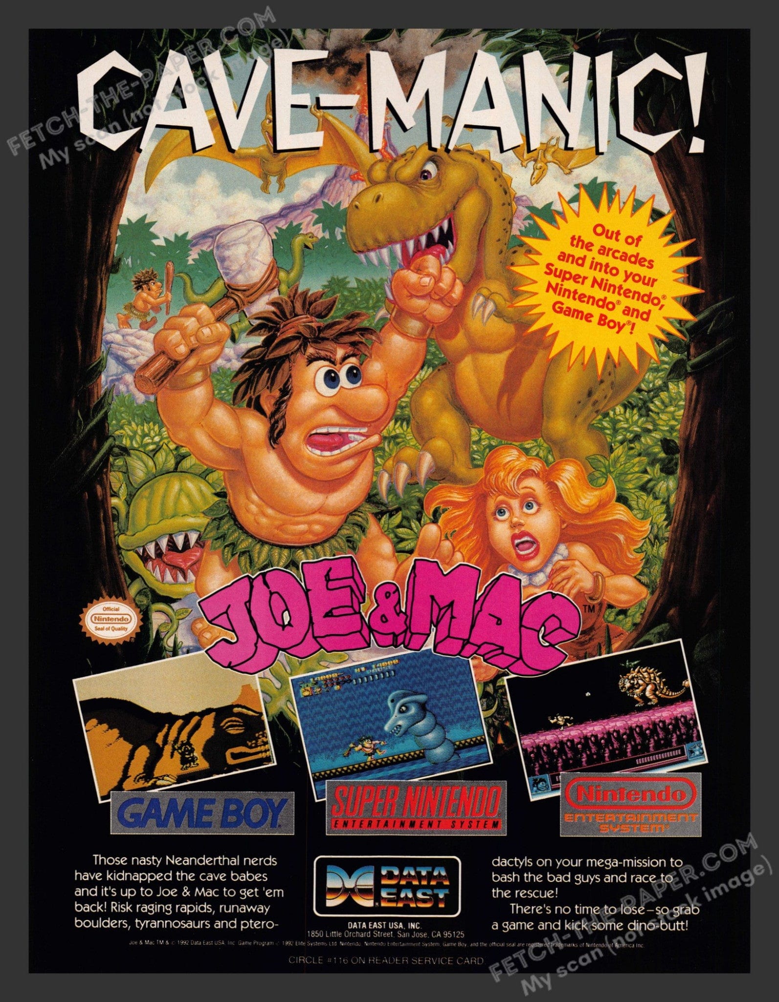 Joe & Mac Cave-Manic! Video Game 1990s Print Advertisement 1992 — Fetch-the-Paper