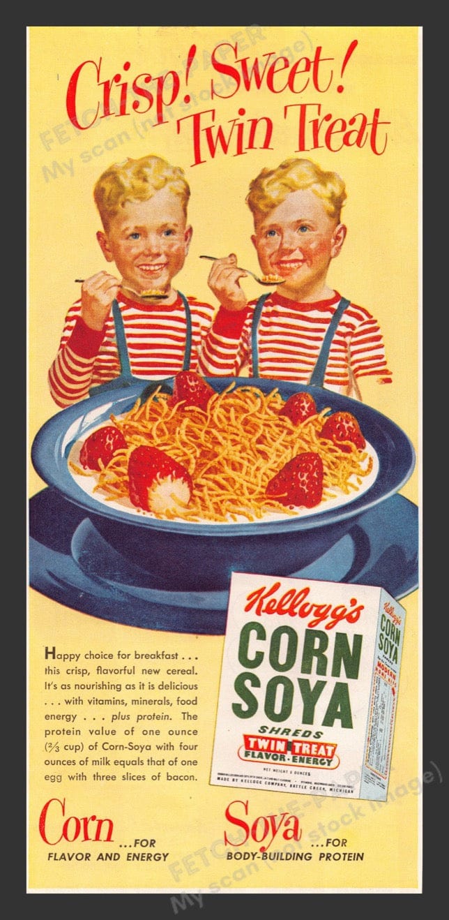 Kellogg's Corn Soya Shreds Cereal with Twins 1940s Print Advertisement ...