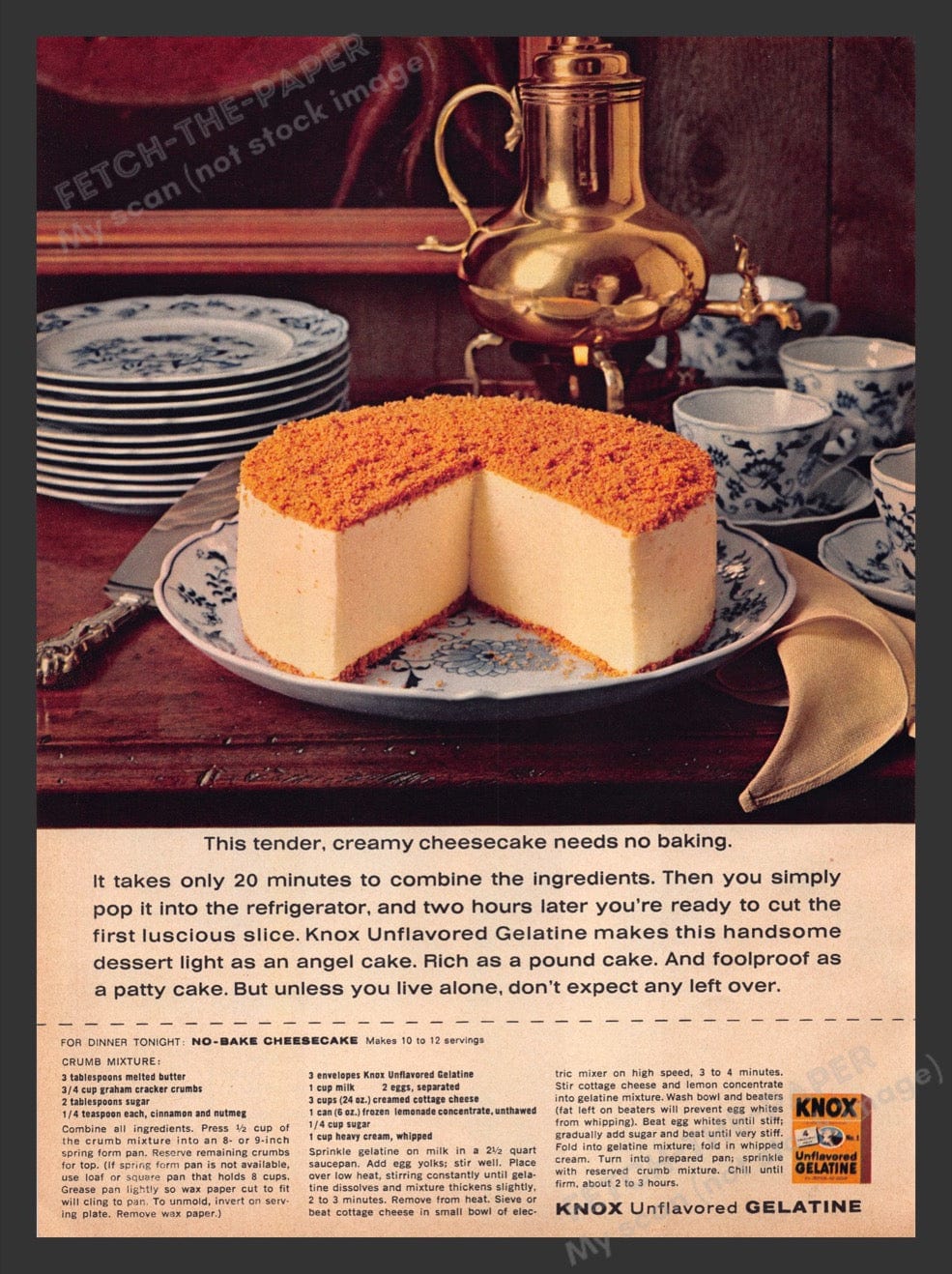 Knox Unflavored Gelatin "No-Bake Cheesecake" Recipe 1960s Print Ad 196 ...