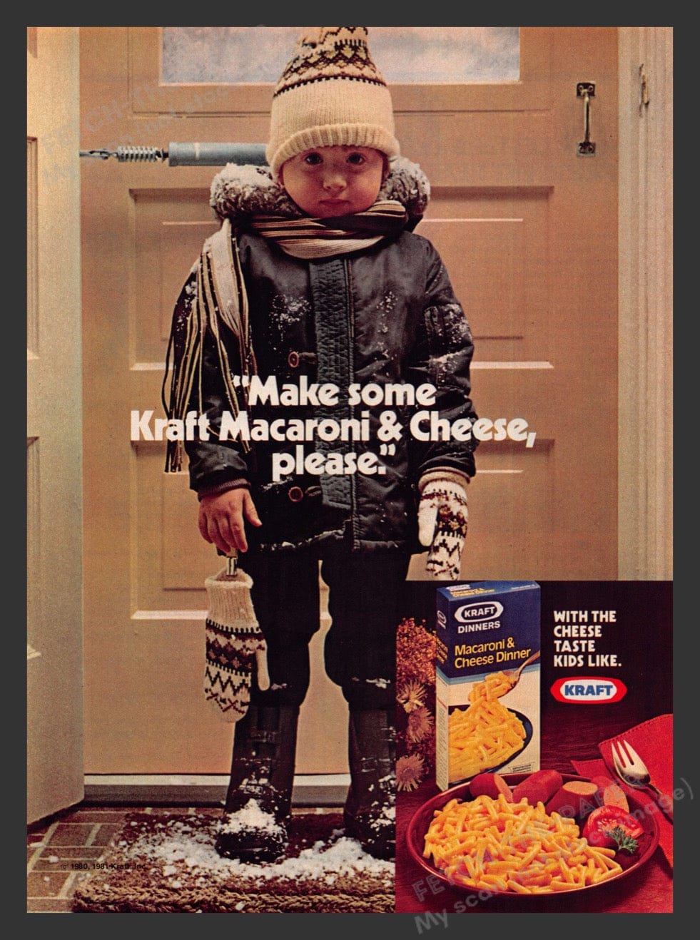 Kraft Macaroni & Cheese Dinner Kid Snow Hungry 1980s Print Advertiseme ...