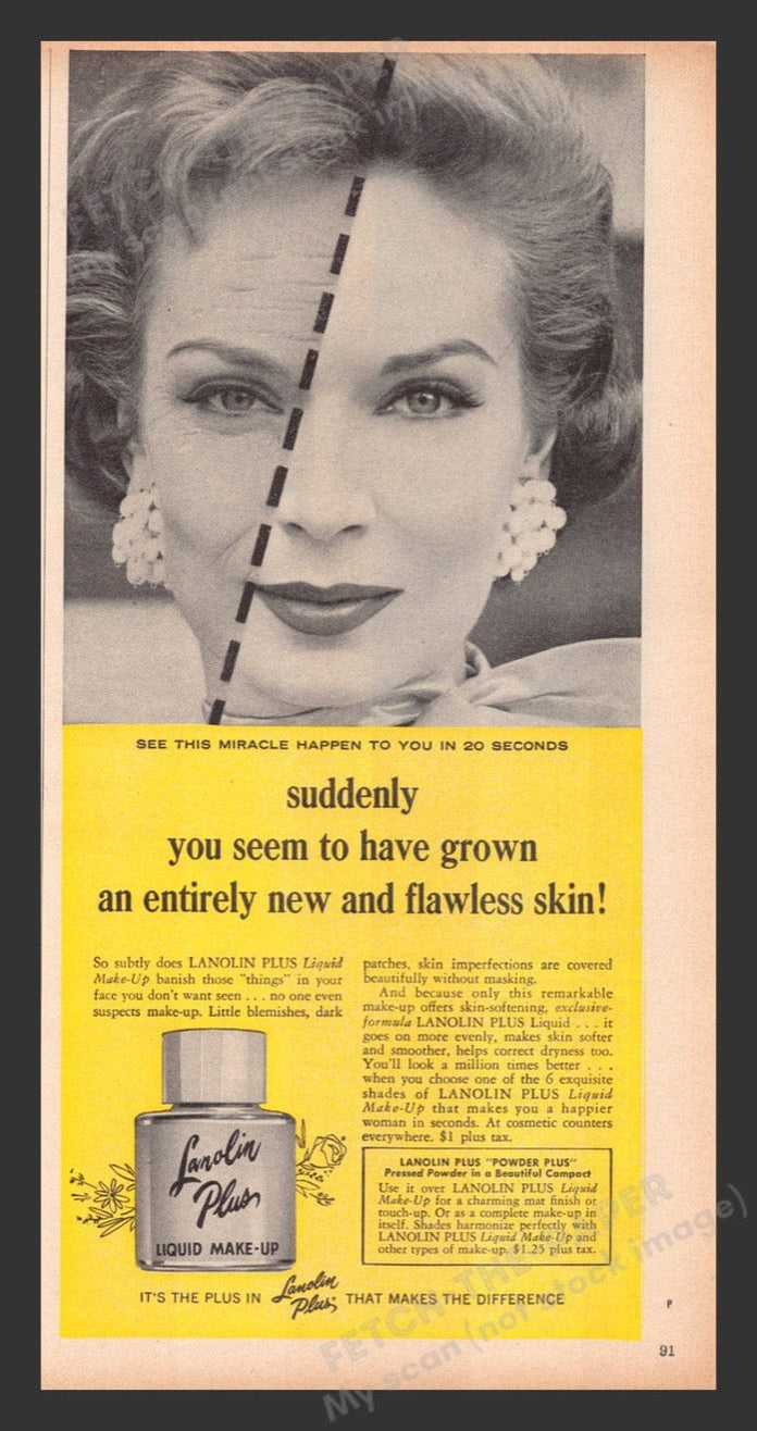 1956 Lanolin Plus Liquid Makeup Vintage Print Ad 5.5"x11" — Fetch-the-Paper