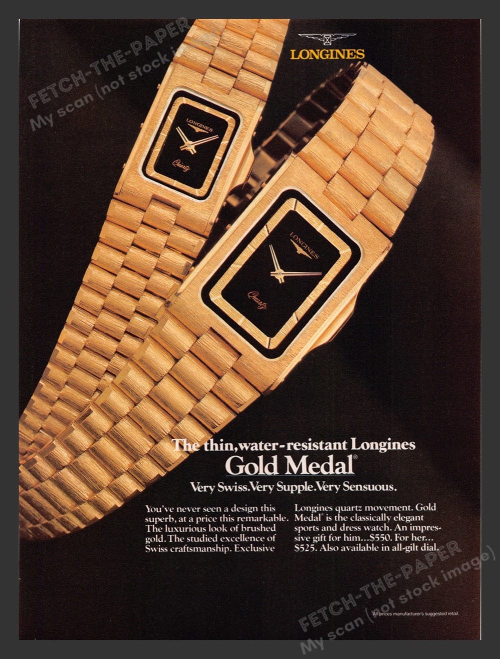 Vintage 1984 Longines Gold Medal Swiss Watches Print Ad — Fetch-the-Paper