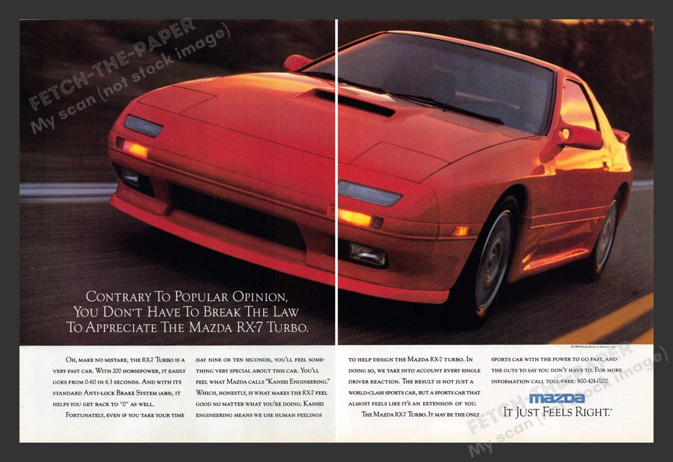 Mazda RX-7 Turbo Red Car 1990s Print Advertisement (2 Pages) 1990 — Fetch-the-Paper