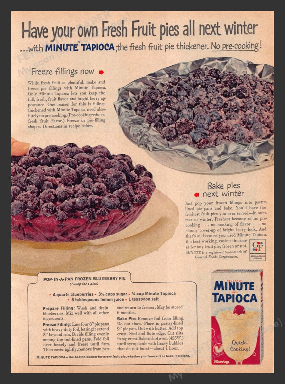 Minute Tapioca Frozen Blueberry Pie Recipe 1960s Print Advertisement A ...