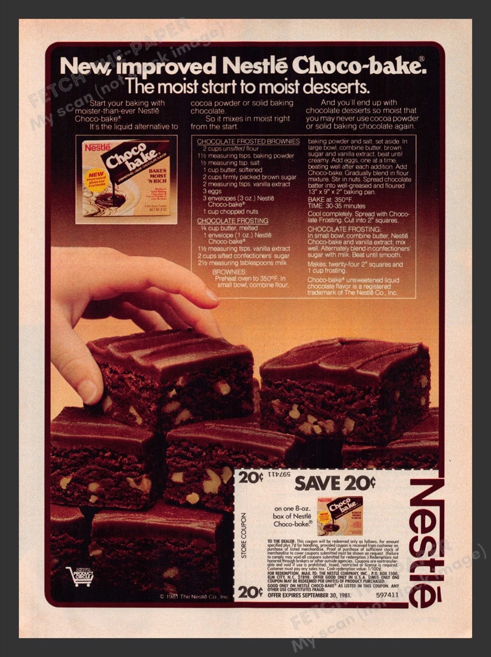 Nestle Choco Bake Chocolate Frosted Brownies Recipe 1980s Print Ad 198 — Fetch-the-Paper