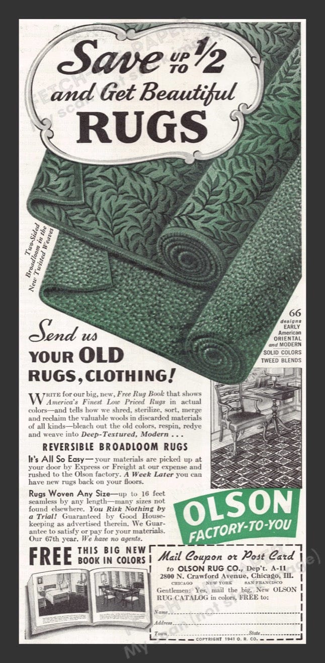 Olson Rug Co. Broadloom Green Color 1940s Print Advertisement Ad 1941 ...
