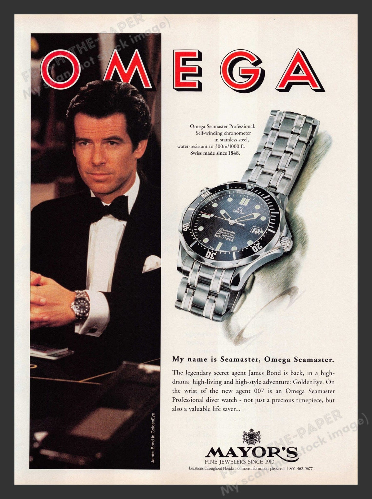 Omega Seamaster 007 Pierce Brosnan 1996 Print Ad — Fetch-the-Paper
