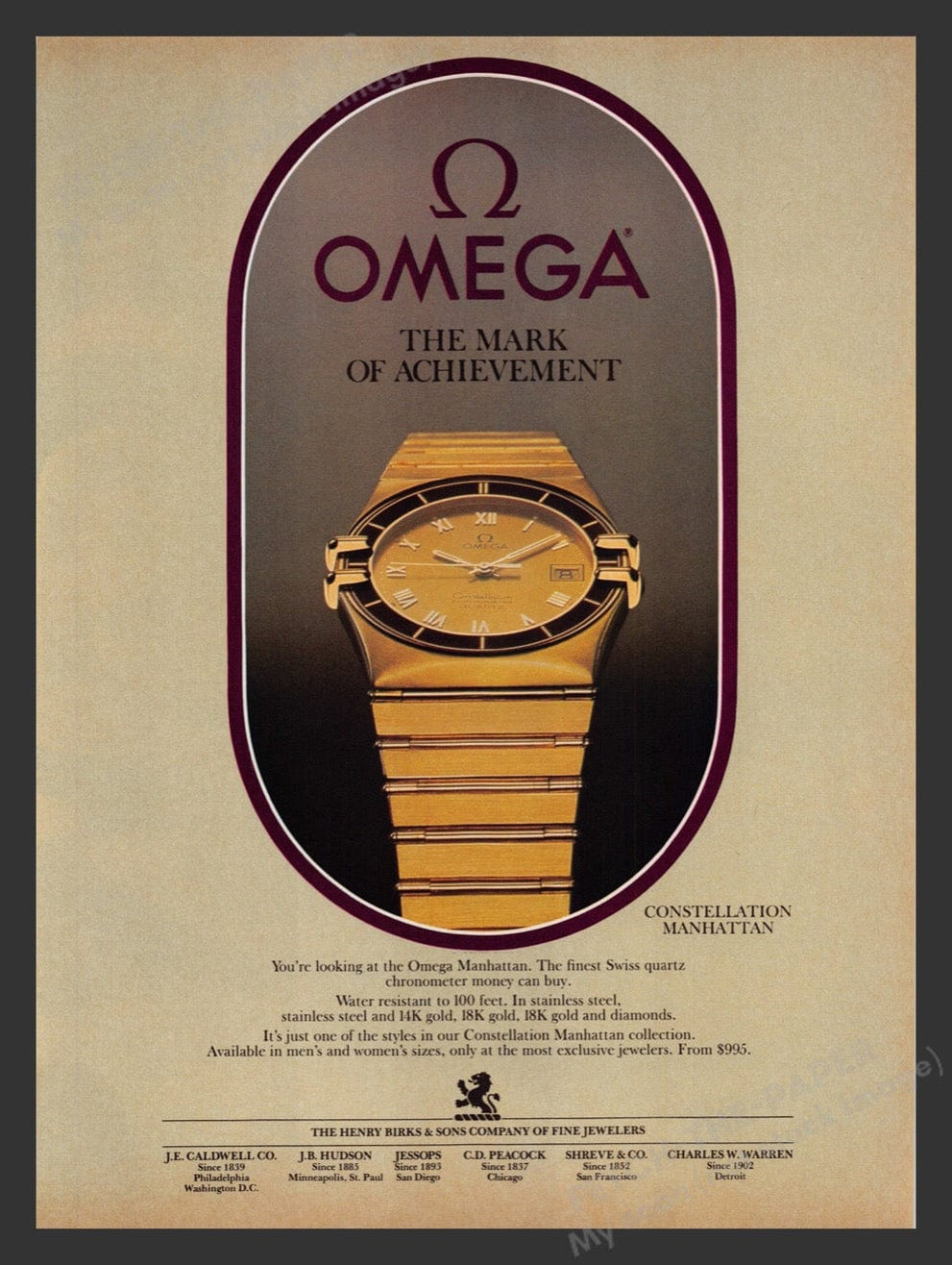 Omega Watch "Constellation Manhattan" 1984 Print Ad — Fetch-the-Paper