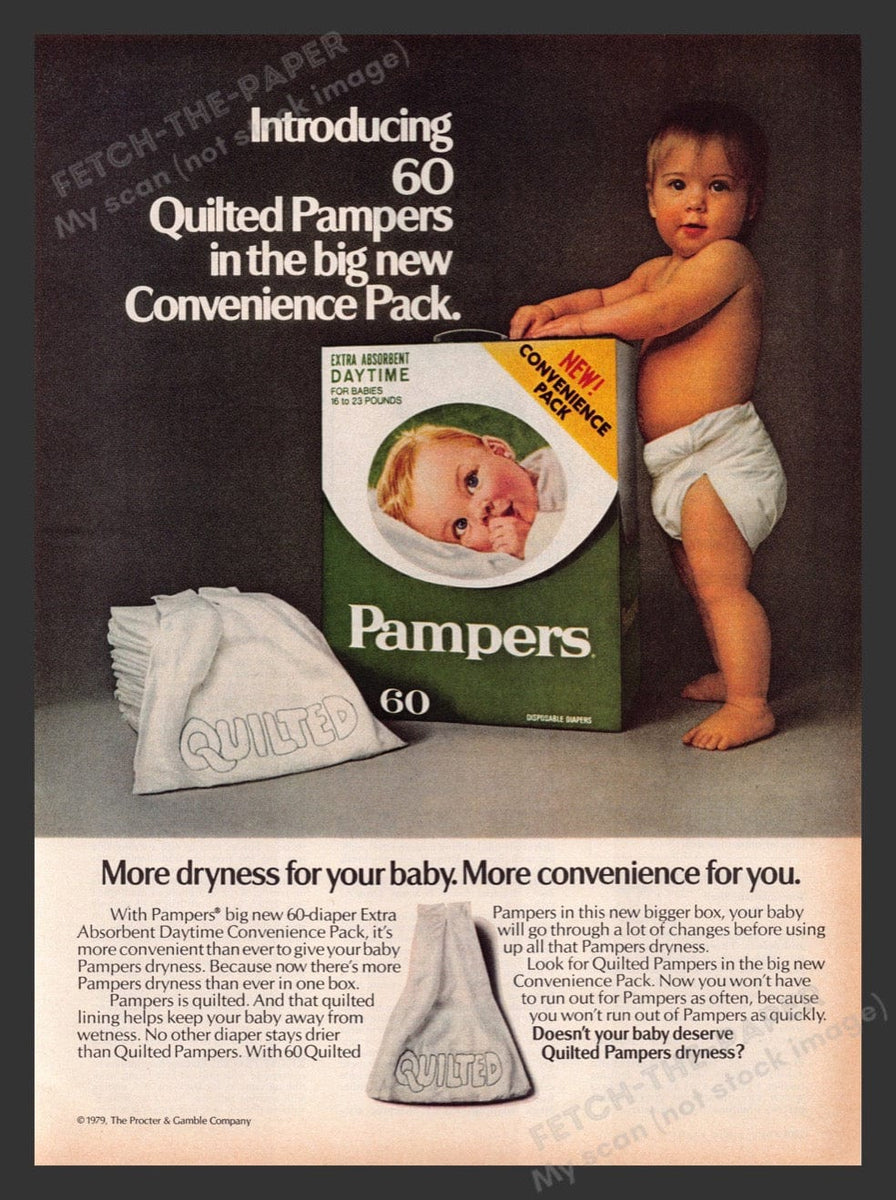 Pampers Quilted Baby Diapers Standing Next to Box 1970s Print Advertis ...