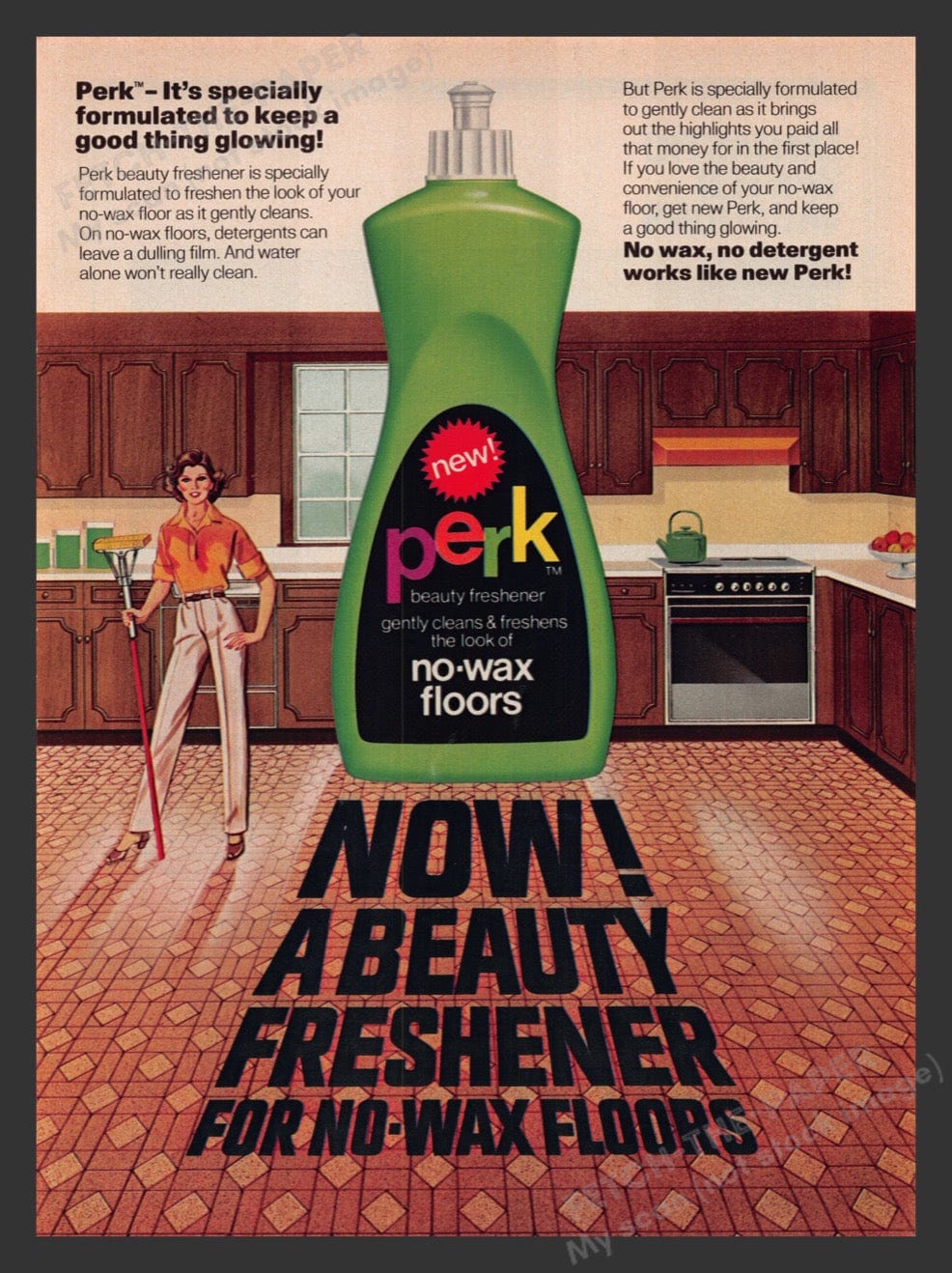 Vintage 1980 Perk No Wax Floor Cleaner Print Ad 8"x11" — Fetch-the-Paper