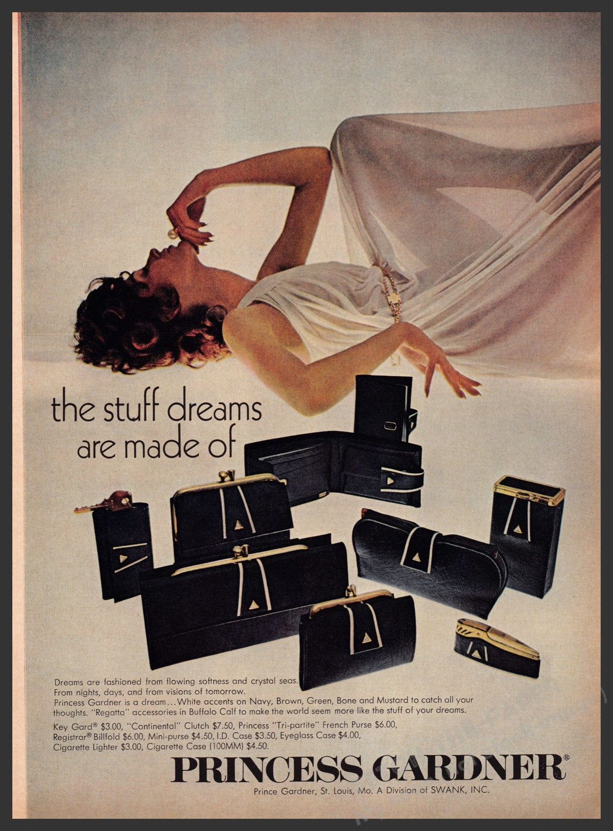 Princess Gardner "Regatta" 1969 Buffalo Calf Wallets Ad — Fetch-the-Paper