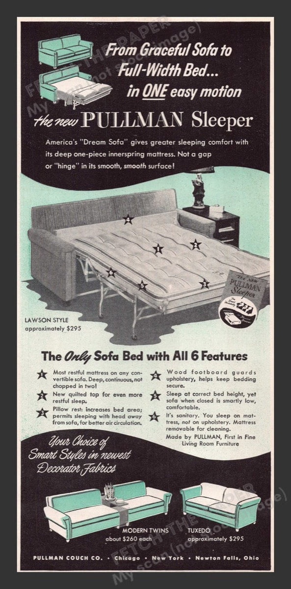 Vintage 1948 Pullman Sleeper Couch Sofa Bed Print Ad — Fetch-the-Paper
