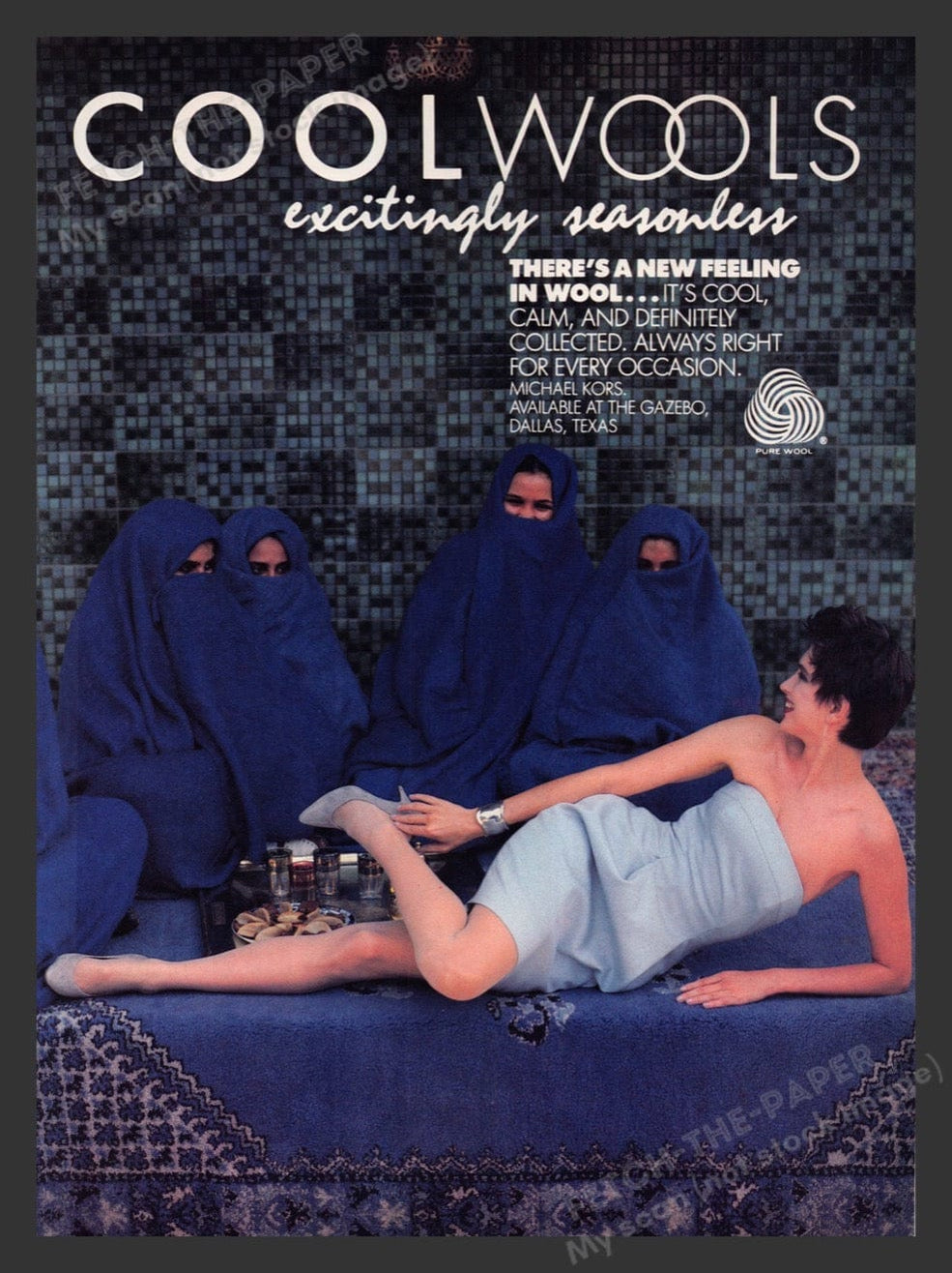 Pure Wool Cool Wools Model with Women in Burqas1980s Print Ad 1988 — Fetch-the-Paper