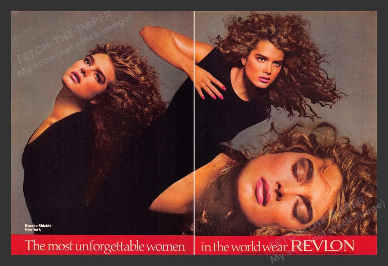 Revlon 1980s Print Advertisement (2 Pages) 1988 Cosmetics Model: Brooke Shields — Fetch-the-Paper