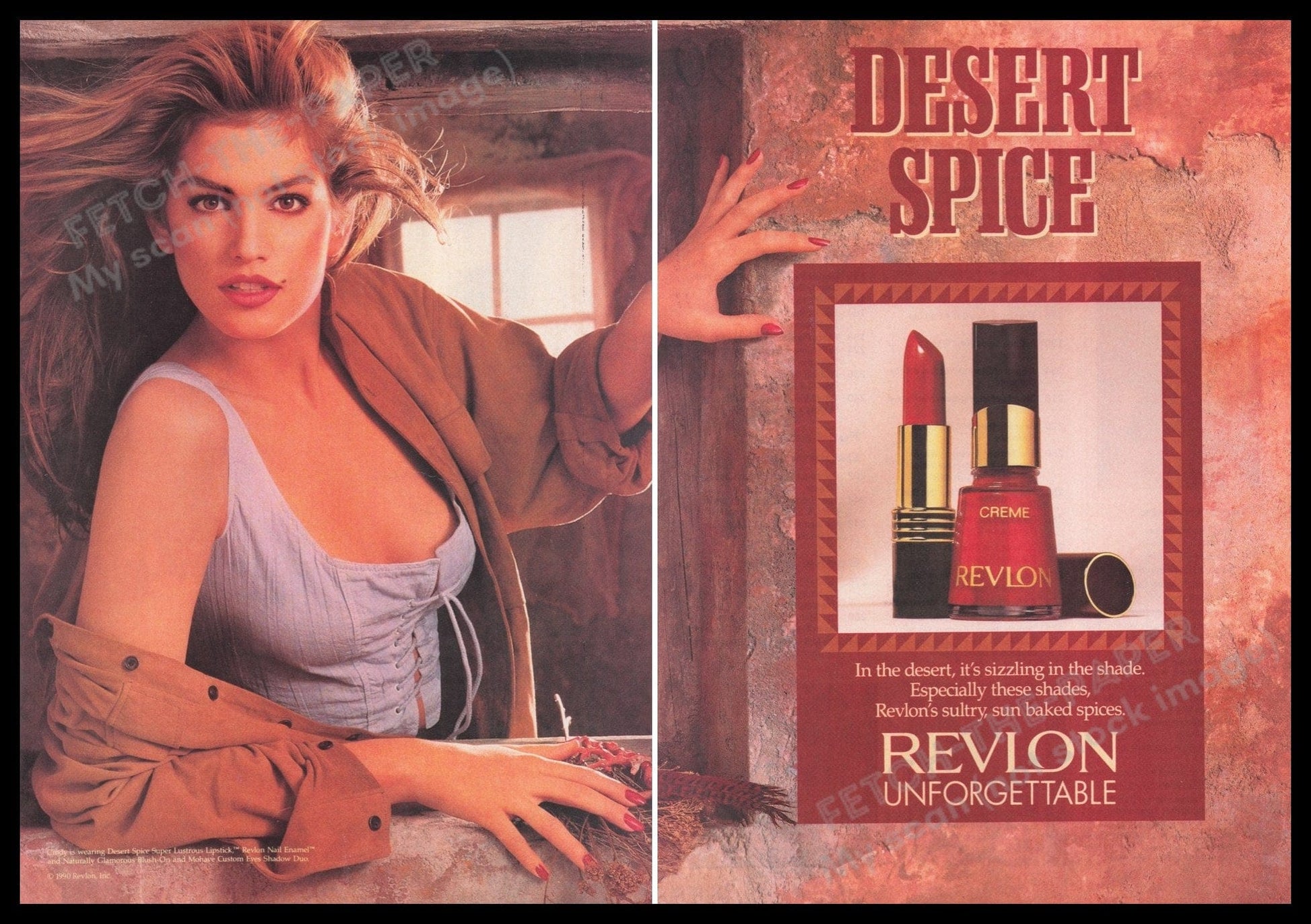 Revlon Cosmetic 1990s Print Advertisement (2 pages) 1990 Cindy Crawfor — Fetch-the-Paper