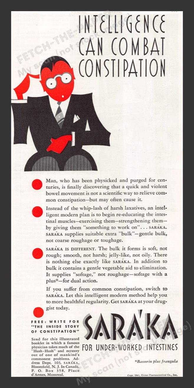 Saraka for Constipation 1940s Print Advertisement Ad 1941 — Fetch-the-Paper