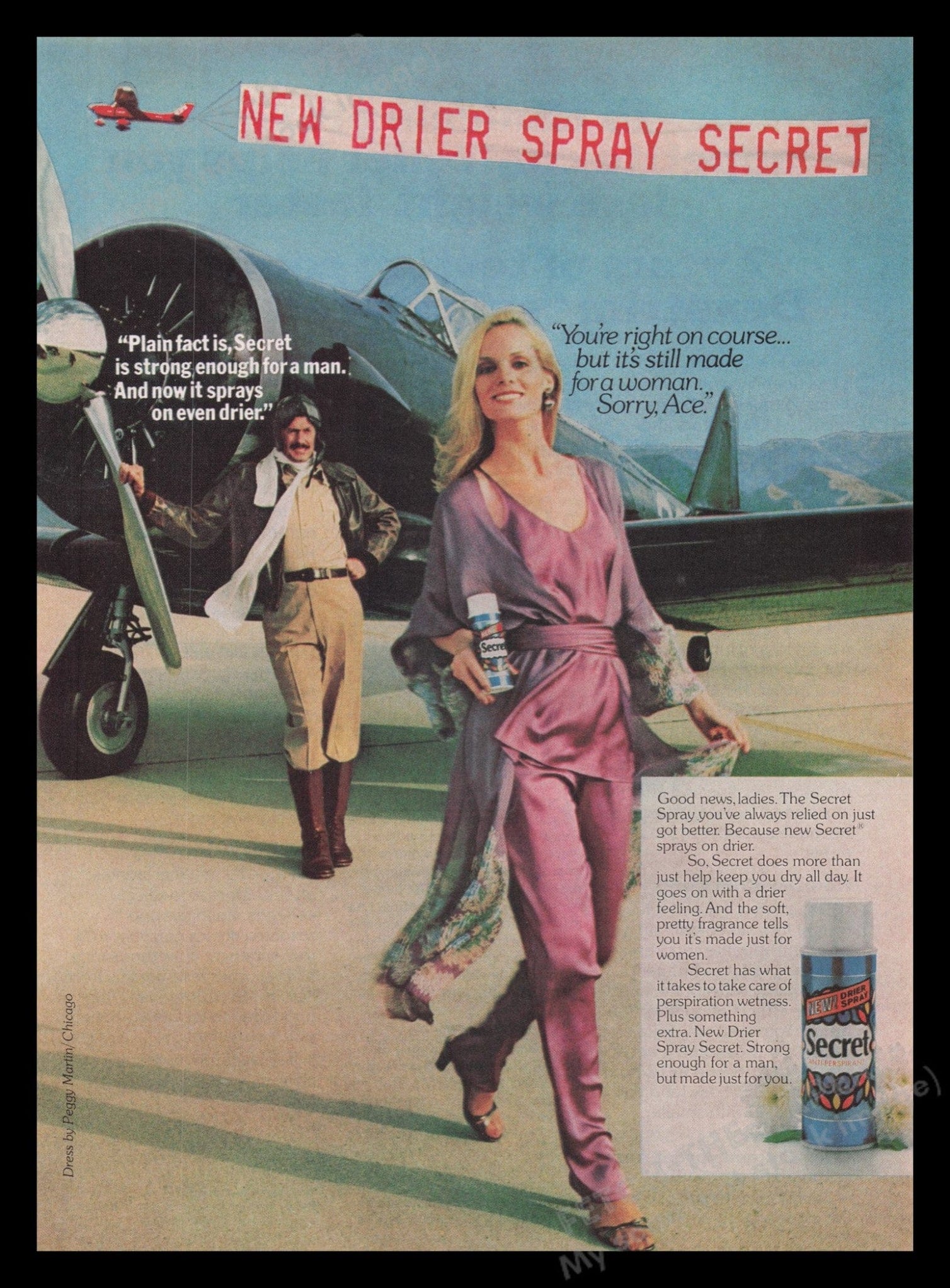 Secret Deodorant 1979 Ad - Stylish Woman & Ace Pilot — Fetch-the-Paper