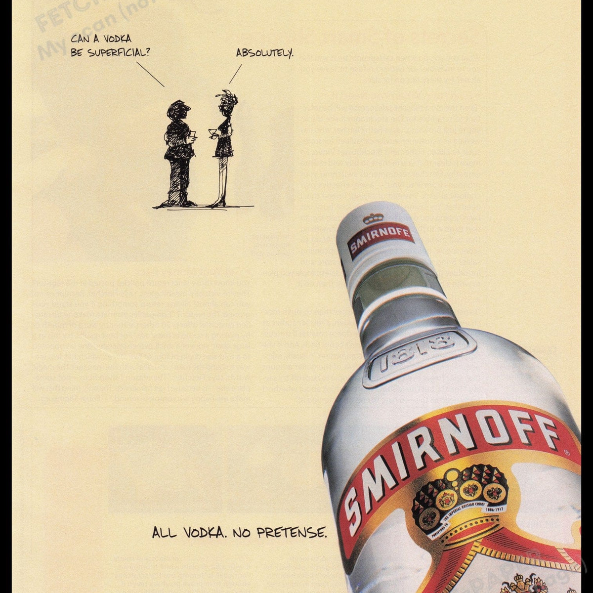 Smirnoff Vodka 1990s Print Advertisement Ad 1999 "All Vodka. No Preten ...