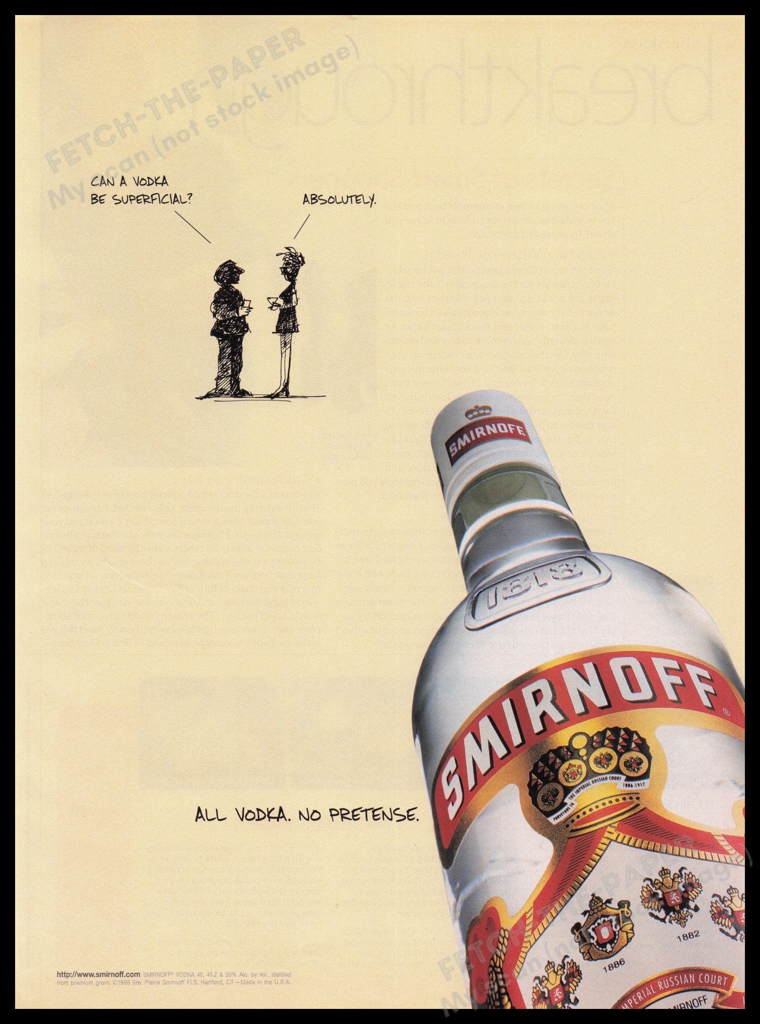 Smirnoff Vodka 1990s Print Advertisement Ad 1999 "All Vodka. No Preten ...