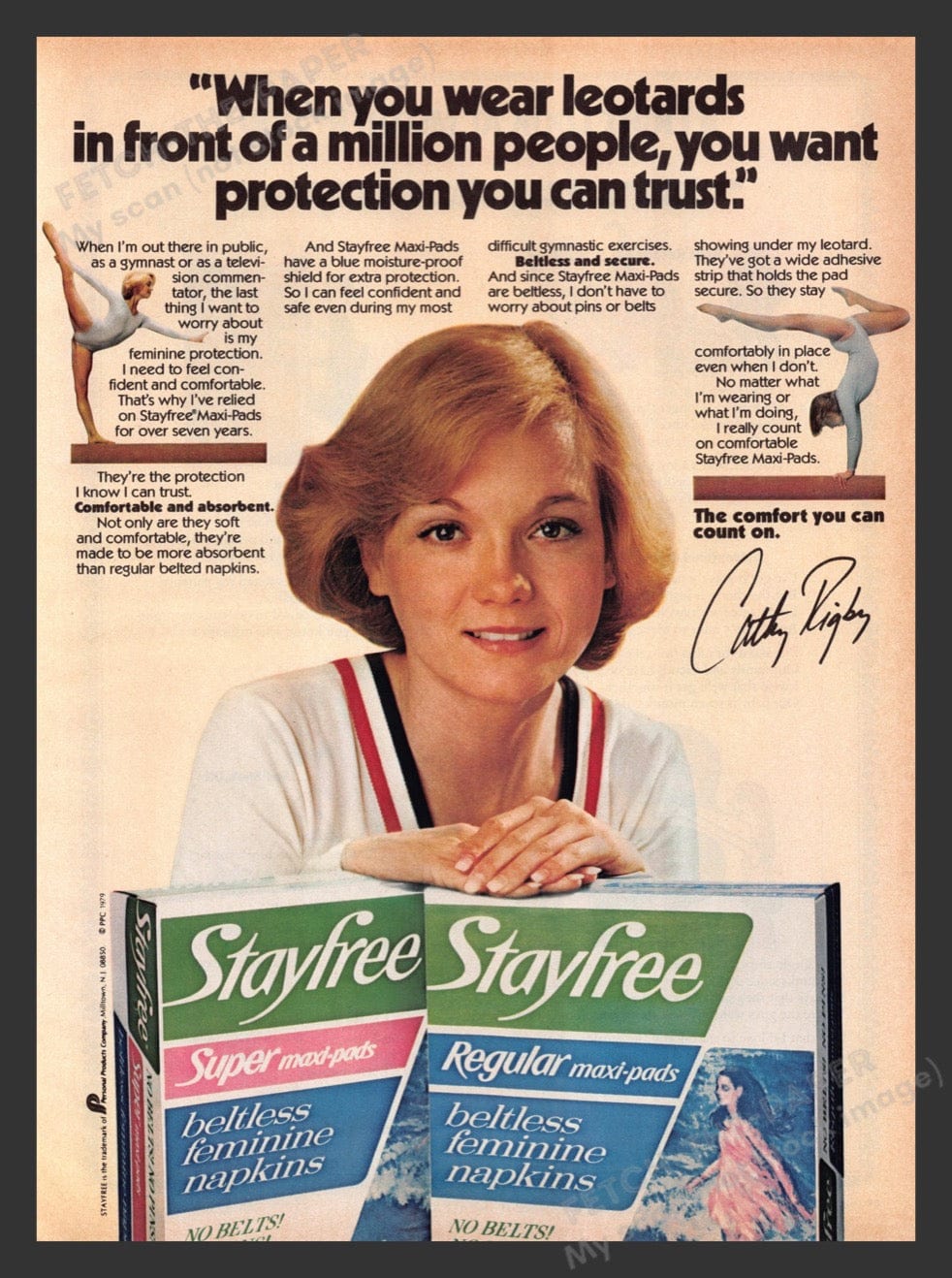 Stayfree Maxi-pads Cathy Rigby 1979 Vintage Print Ad — Fetch-the-Paper