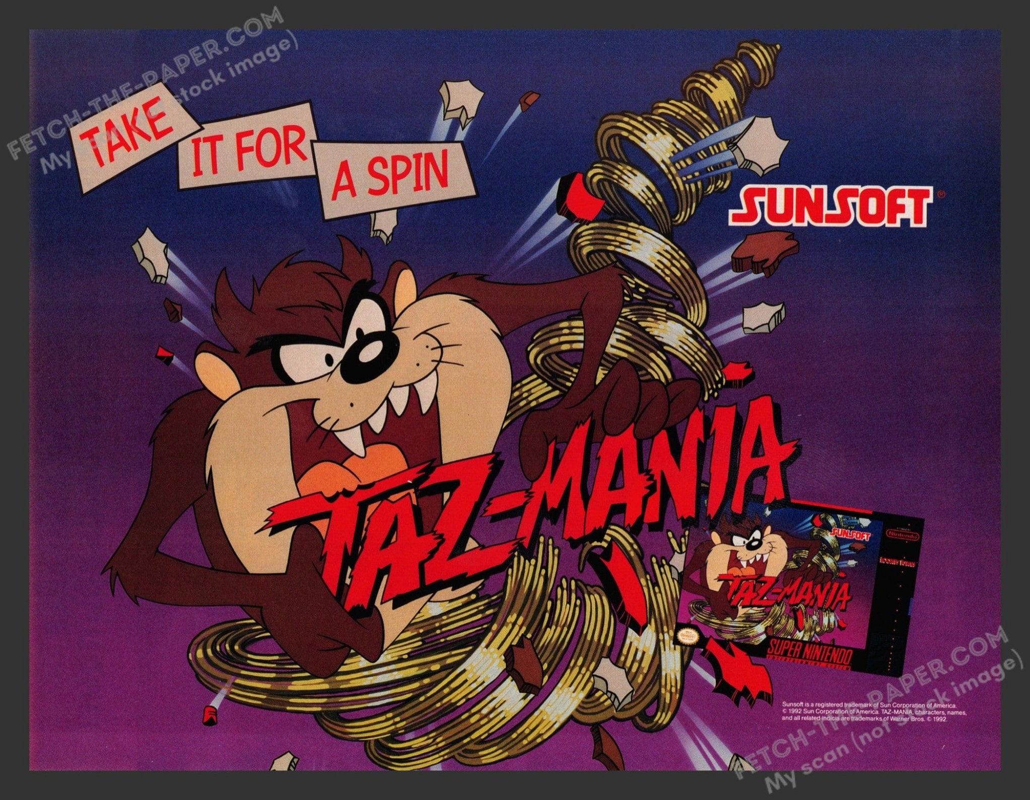 Taz-Mania Video Game 1990s Print Advertisement 1992 — Fetch-the-Paper
