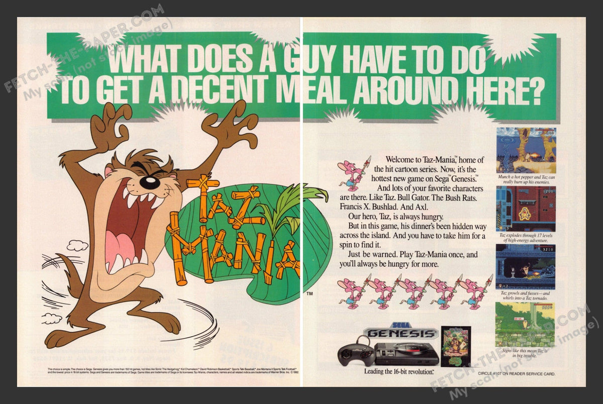 Tazmania Video Game 1990s Print Advertisement 1991 — Fetch-the-Paper