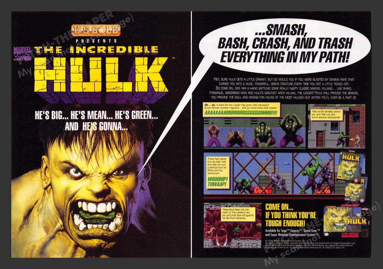 The Incredible Hulk Video Game 1990s Print Advertisement (2 Pages) Ad — Fetch-the-Paper