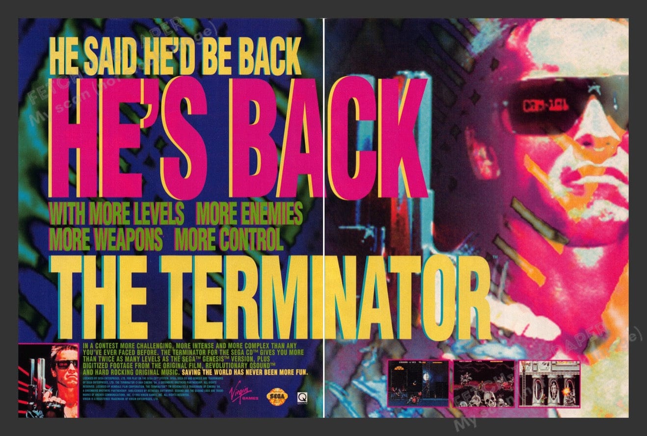 The Terminator 1990s Video Game Print Advertisement 1993 "He's Back!" — Fetch-the-Paper