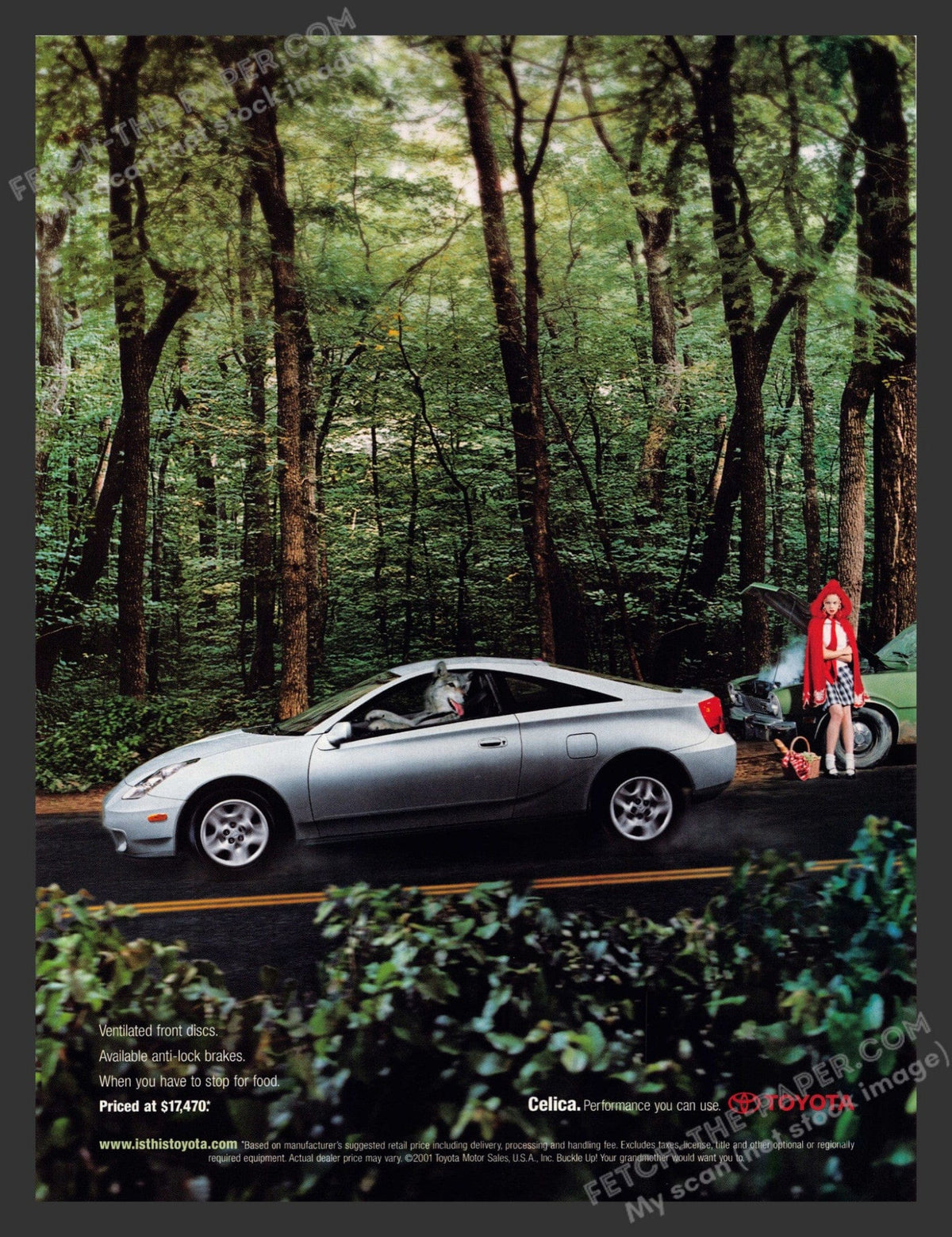Toyota Celica 2000 Red Riding Hood & Wolf Print Ad 8"x11" — Fetch-the-Paper
