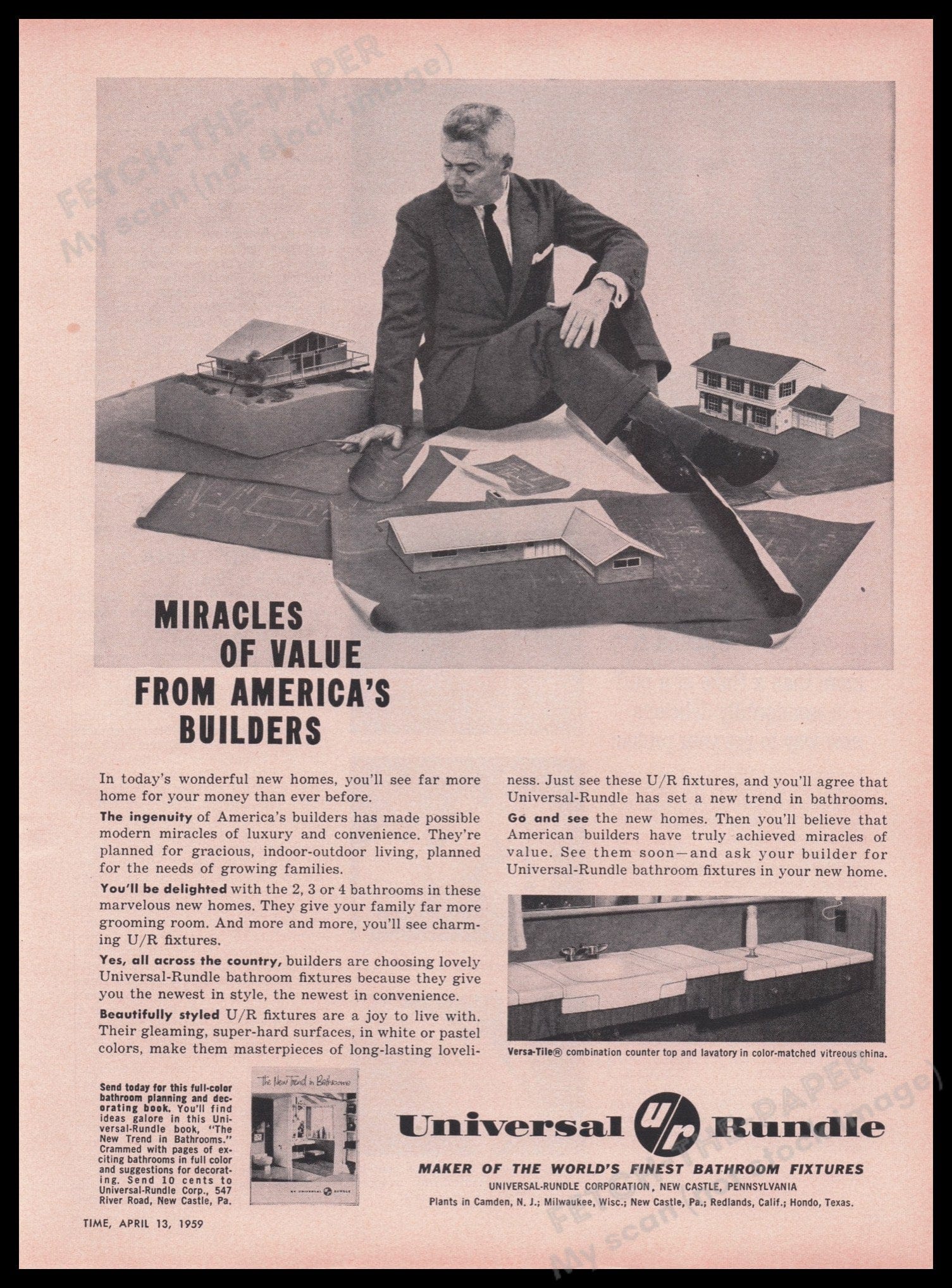 Vintage 1959 Universal Rundle Bathroom Fixtures Print Ad — Fetch-the-Paper