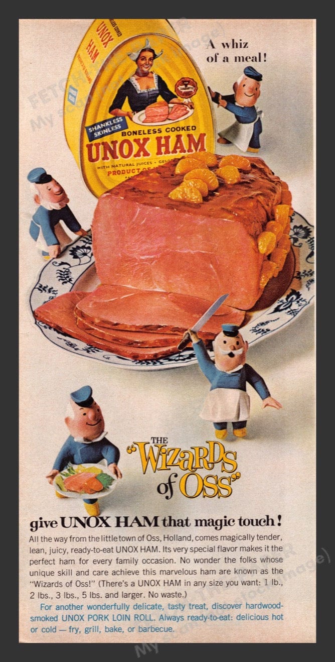 Vintage 1963 Unox Ham Ad - Wizards of Oss Print 5"x11" — Fetch-the-Paper
