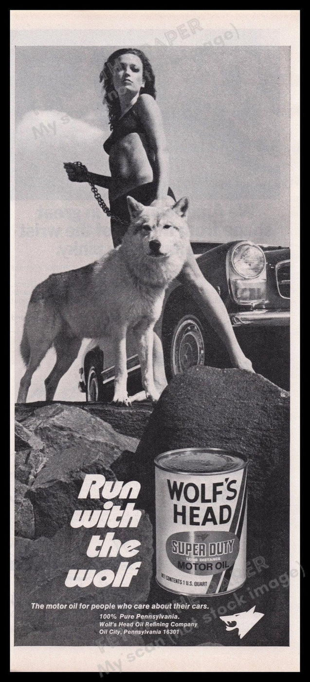Wolf's Head Motor Oil 1972 Vintage Print Ad - Sexy Car & Wolf — Fetch ...