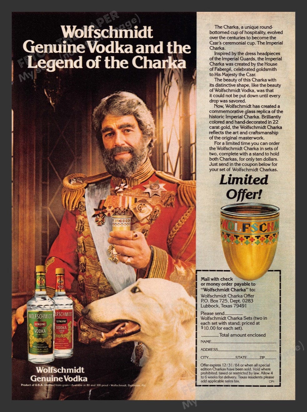 Wolfschmidt Vodka Charka Legend Borzoi Dog 1980s Print Advertisement A ...